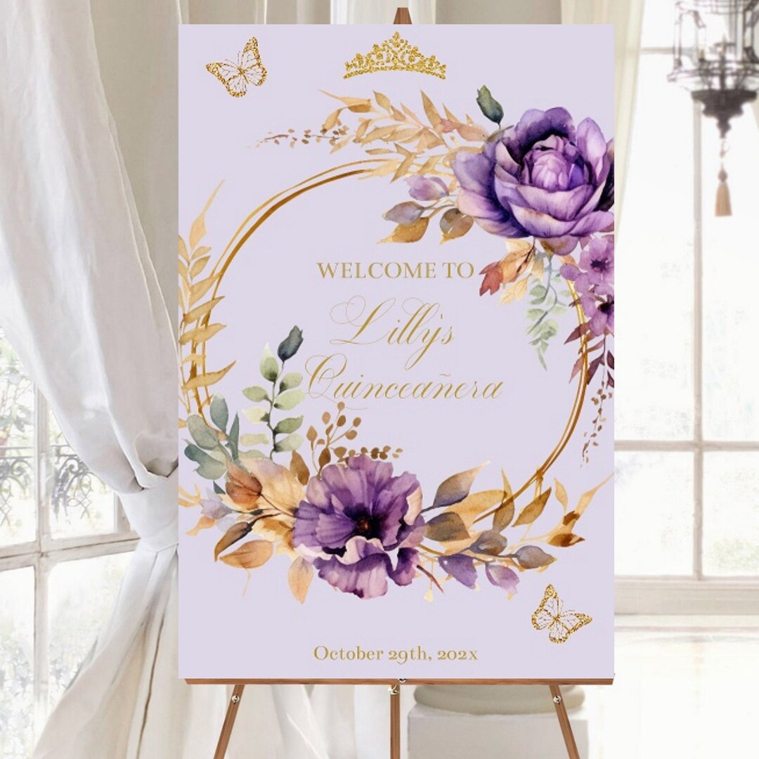 Quinceañera Welcome Sign, Purple Mauve Gold Floral, Tiara, Butterfly ...