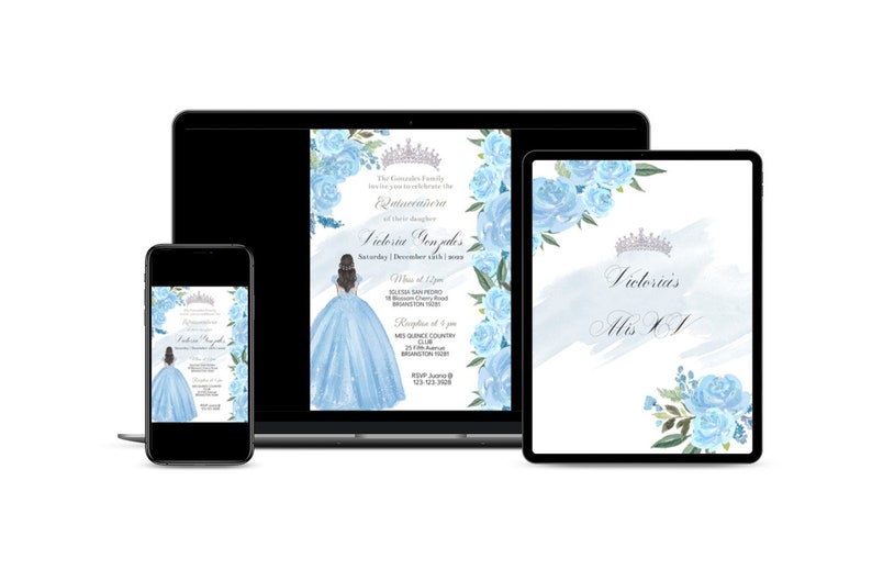 Light Blue Floral Quinceañera Editable Invitation, Princesstiara, Mis ...