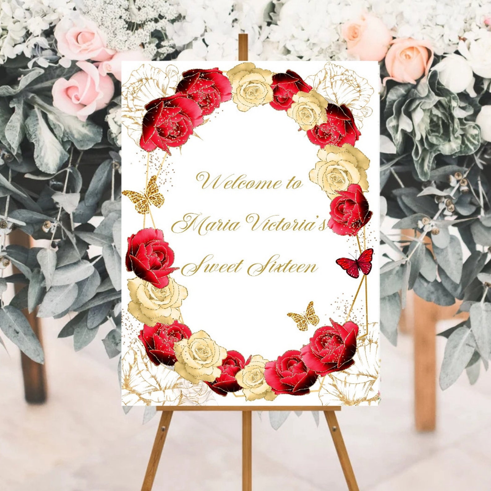 Welcome Guest Sign Editable Template Butterfly Red Gold Floral - Etsy