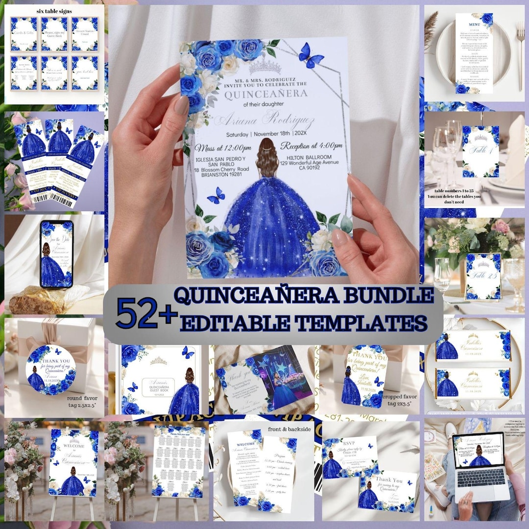 Royal Blue Silver Quinceañera Invitation, Bundle Mis XV Floral Invite ...