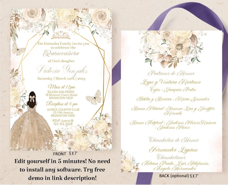 Quinceañera Invitation Champagne Beige Princess Floral - Etsy