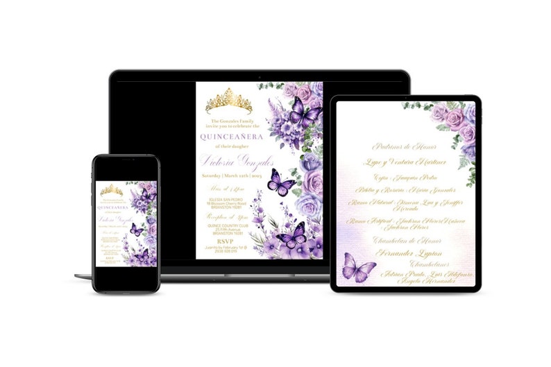 Quinceañera Invitation Editable Template, Purple Floral and Butterfly ...