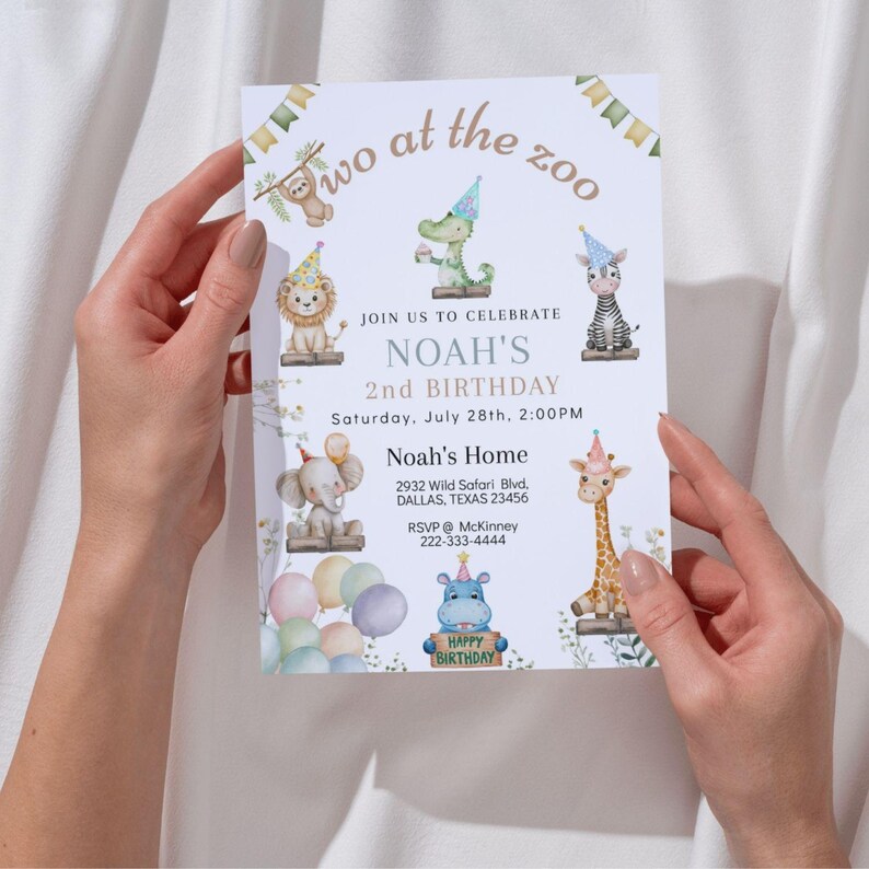 Two at the Zoo 2nd Birthday Invitation Boy, Party Animals Digital ...