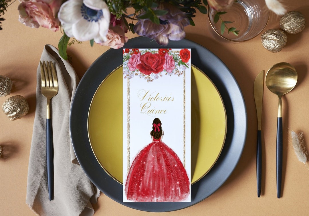 Quinceañera Event Program Template, Red Gold Floral Butterfly Mis XV ...
