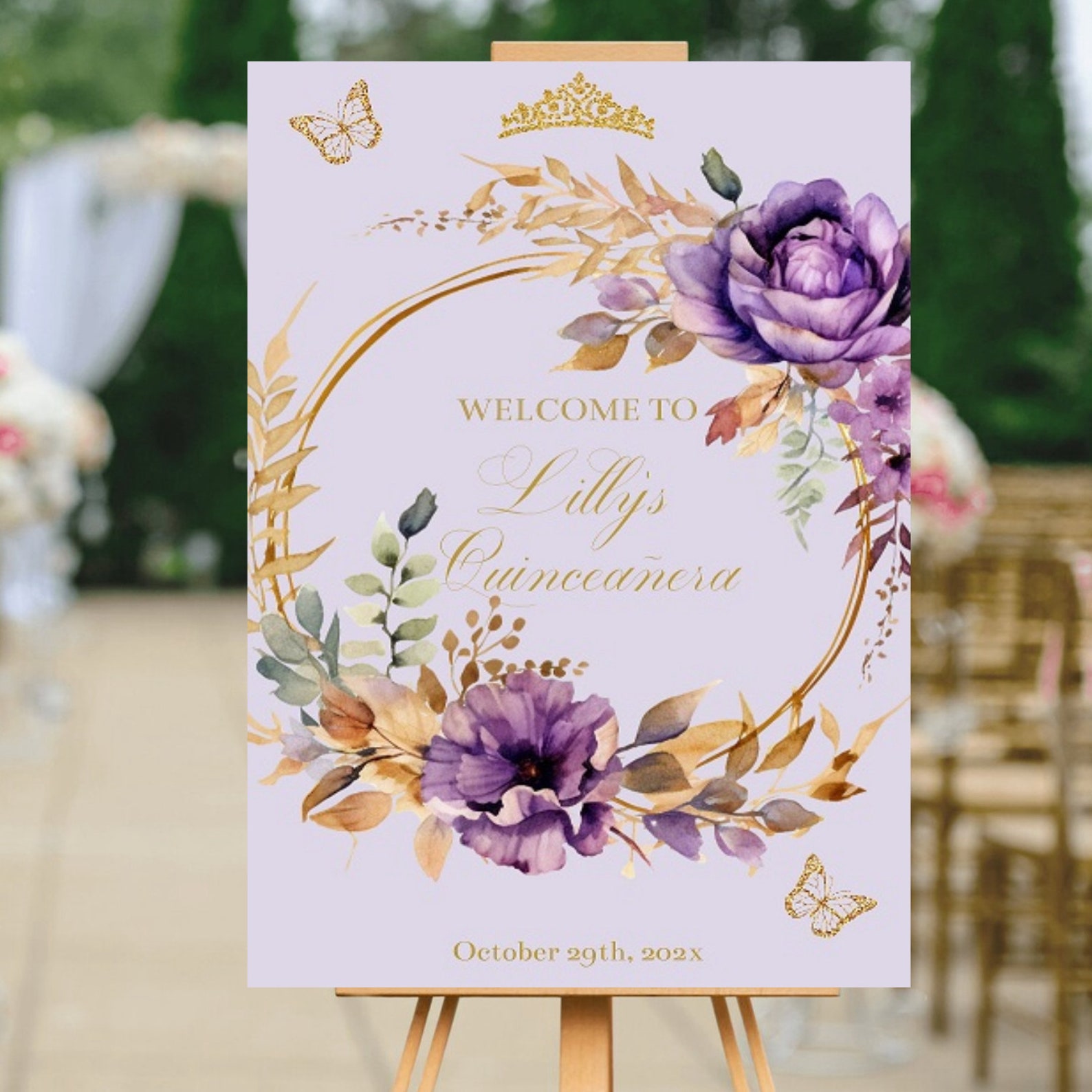 Quinceañera Welcome Sign, Purple Mauve Gold Floral, Tiara, Butterfly ...