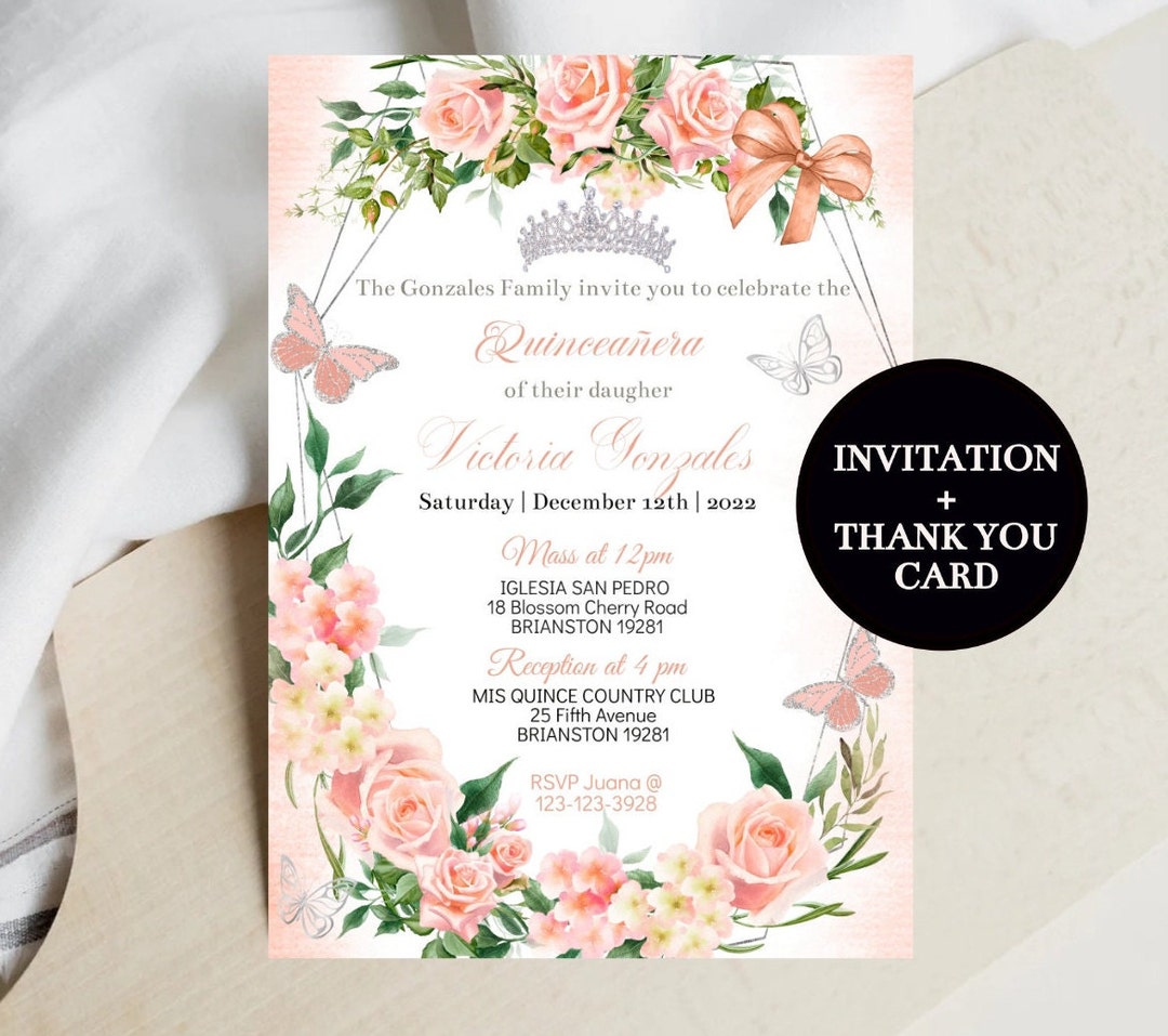 Quinceañera Invitation Pink Floral Silver, Editable Template, Printable ...
