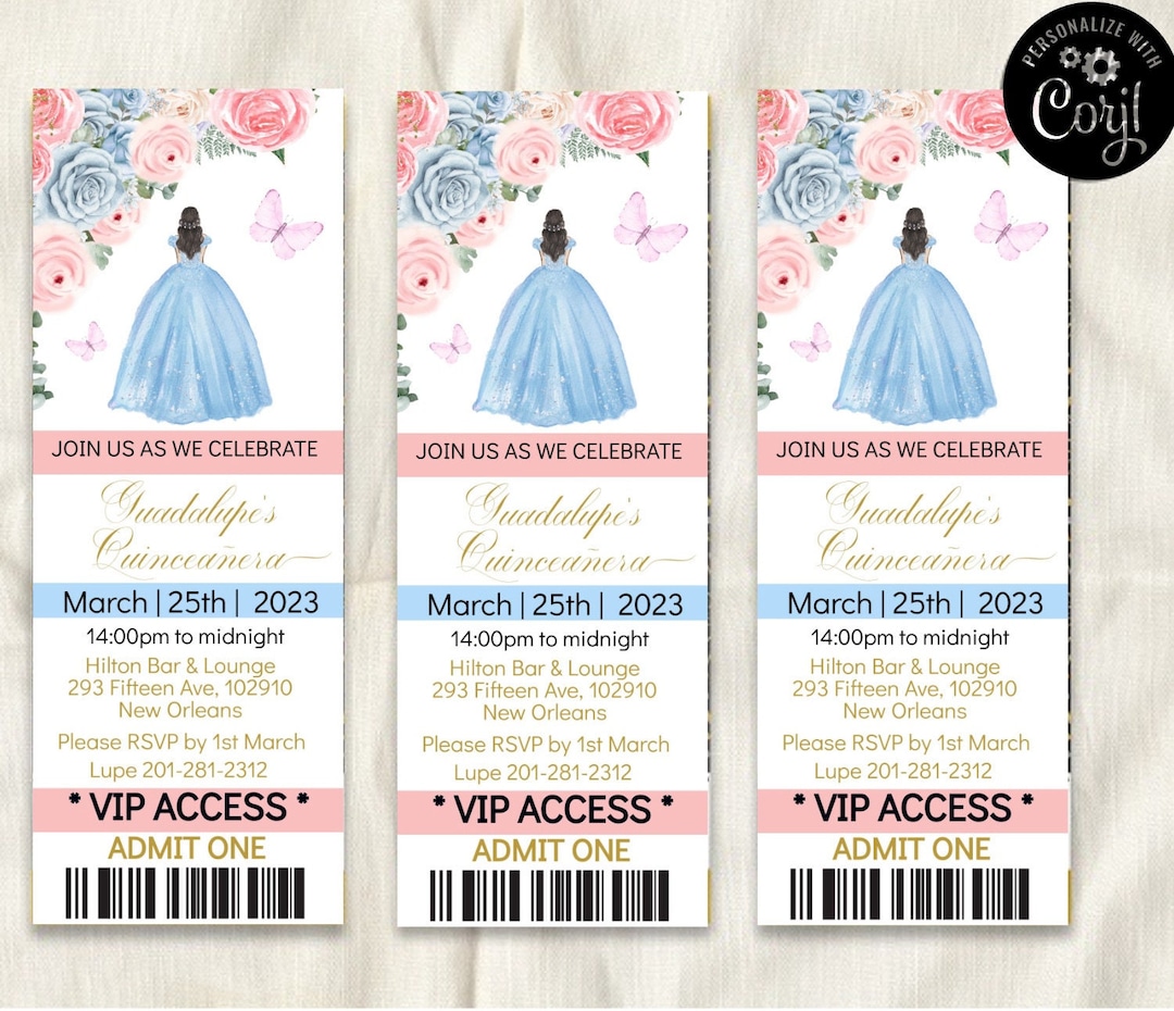 Quinceañera VIP Ticket Pass Invitation, Blue Blush Pink Rose Princess ...