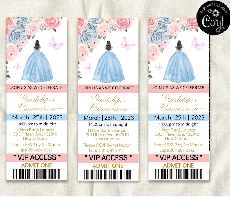 Quinceañera VIP Ticket Pass Invitation Blue Blush Pink Rose - Etsy