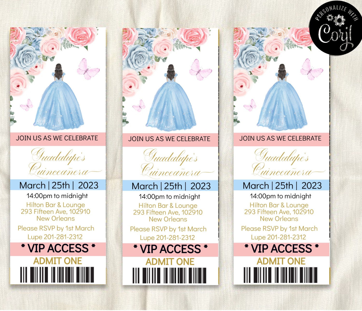 Quinceañera VIP Ticket Pass Invitation Blue Blush Pink Rose - Etsy