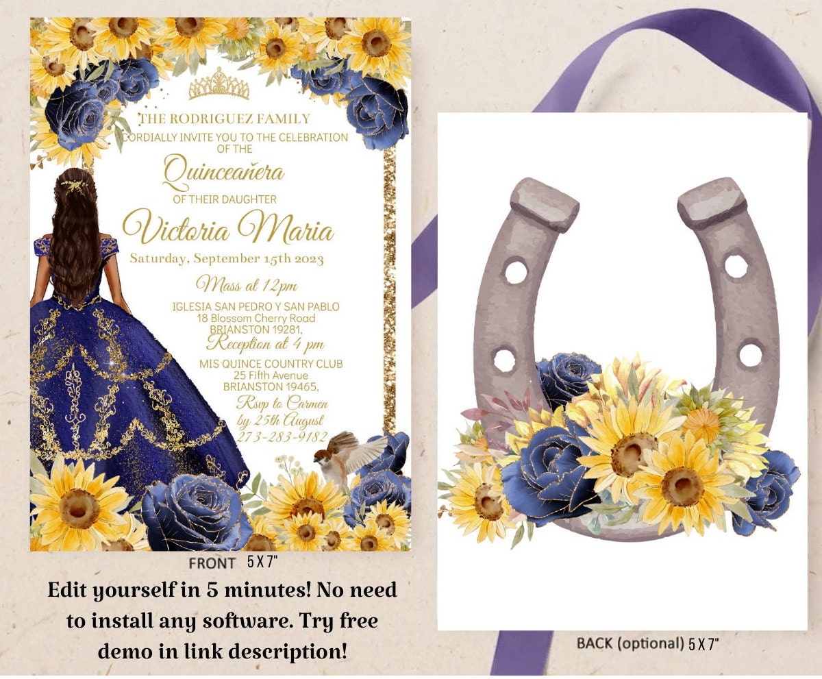 Rustic Quinceañera Invitation DIY Editable Template Sunflower, Blue ...