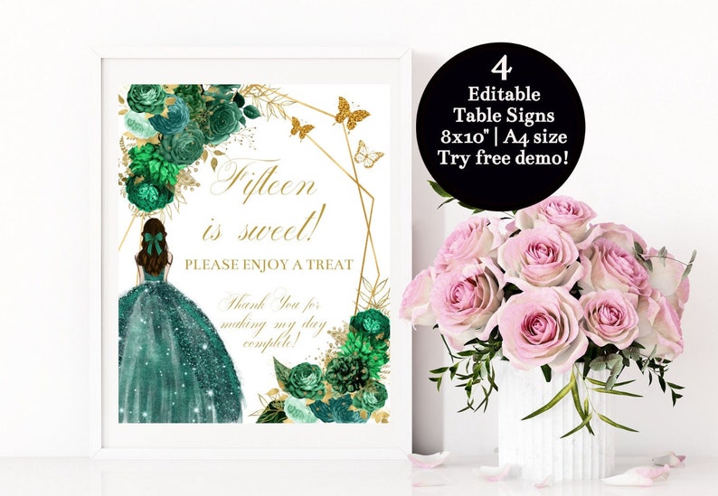 Editable Set 4 Table Signs Quinceañera Emerald Green Floral - Etsy