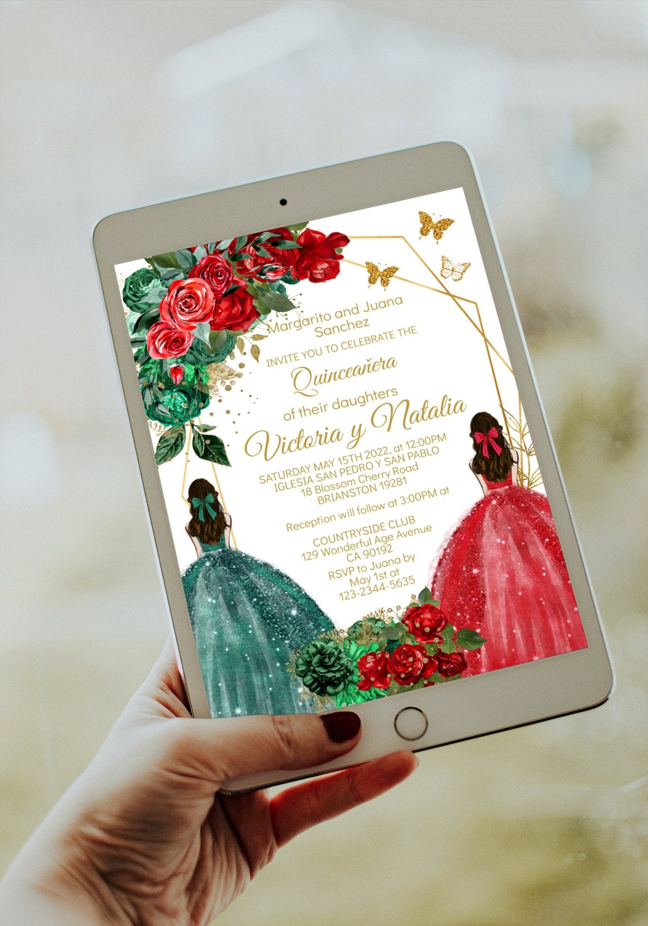 Twins Quinceañera Invitation, Emerald Green Red XV Birthday Party, 15th ...