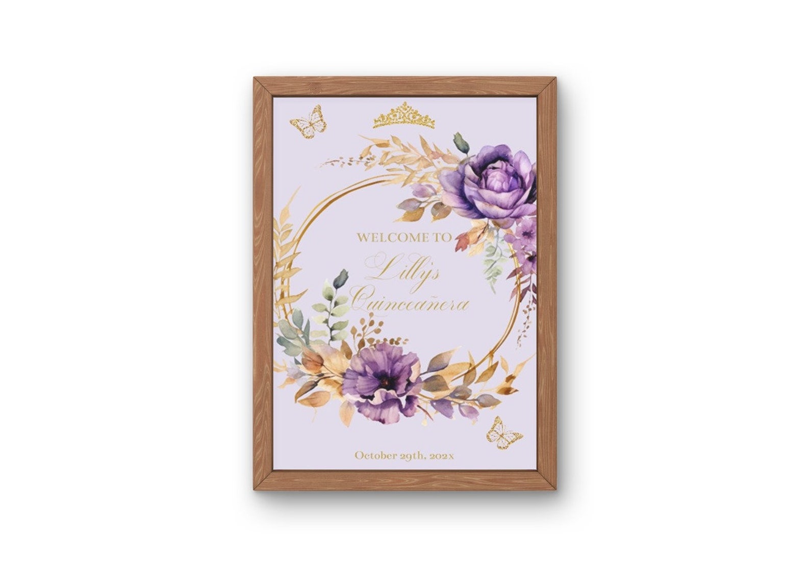 Quinceañera Welcome Sign, Purple Mauve Gold Floral, Tiara, Butterfly ...