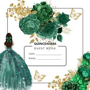Printable Guestbook for Quinceañera PDF, Emerald Green Floral Gold Mis ...