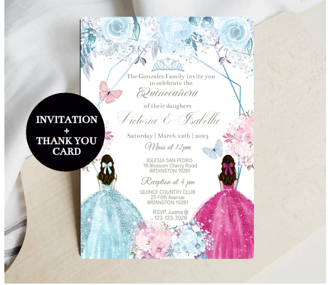Twins Quinceañera Invitation, DIY Editable Template, Blue Pink Floral ...
