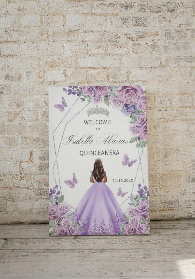 Editable Quinceañera Welcome Sign, Purple Lavender Silver Floral, Crown ...