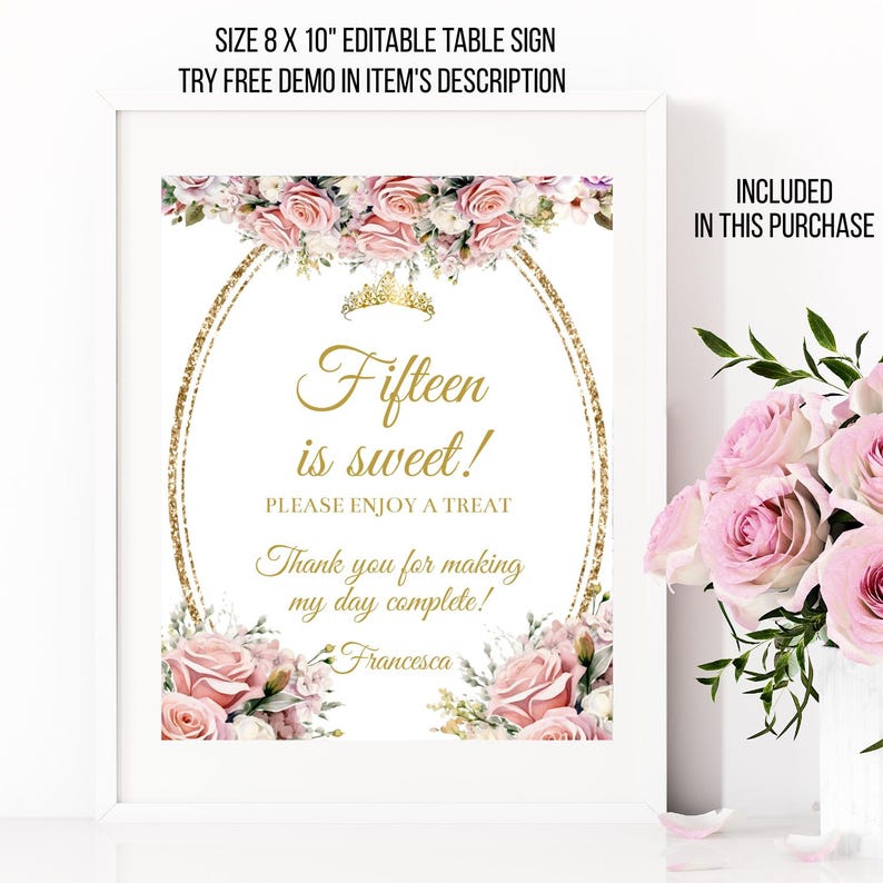 Set of 3 Table Signs, Editable Template, Quinceañera Blush Pink Gold ...