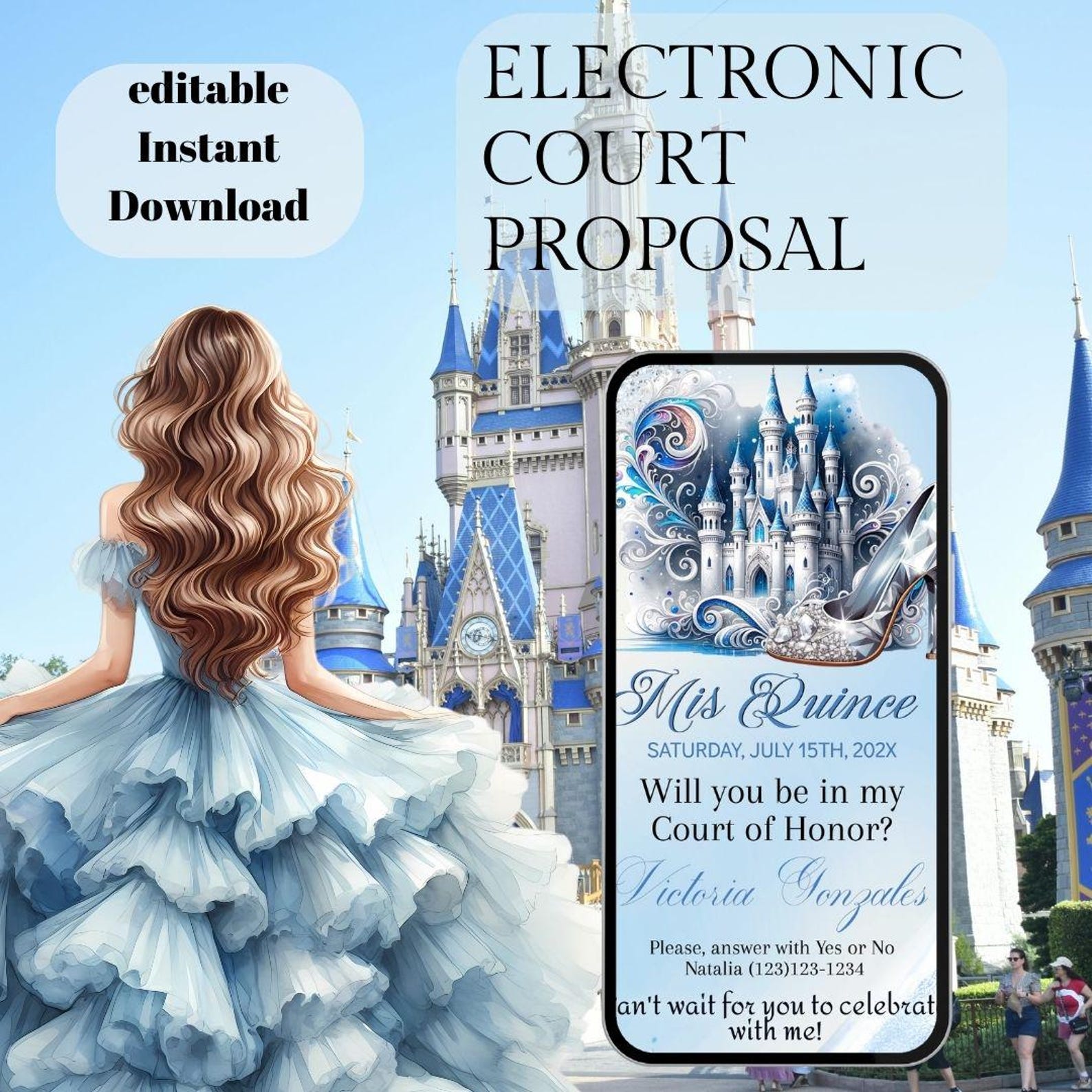 Quinceanera Court Proposal Baby Blue Silver Digital Template, Princess ...