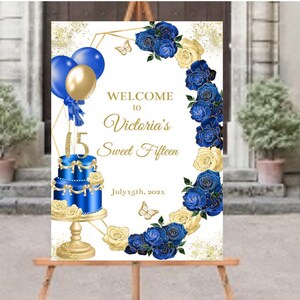 Any Age Guest Welcome Sign, Royal Blue Gold Digital Poster, Centerpiece ...