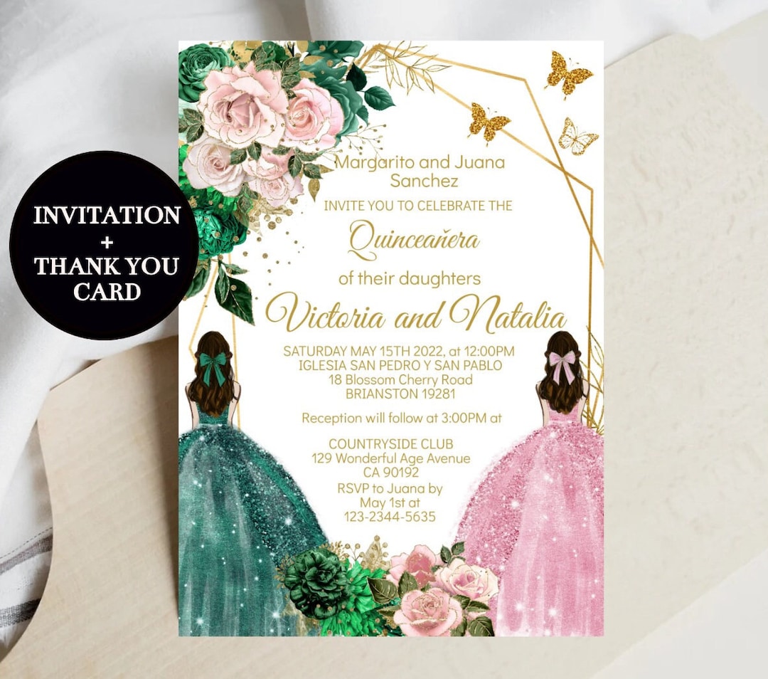 Twins Quinceañera Invitation, DIY Editable Template, Emerald Green ...
