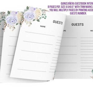 Quinceañera Printable Guest Book PDF, Lilac Floral Purple Tiara Mis ...