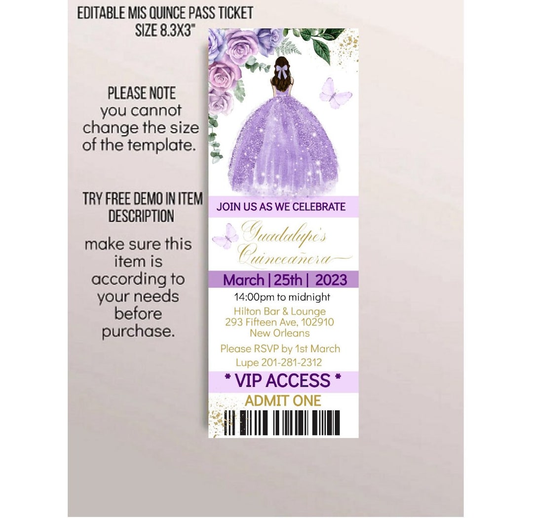Quinceañera VIP Ticket Pass Invitation, Purple Floral Rose Princess ...