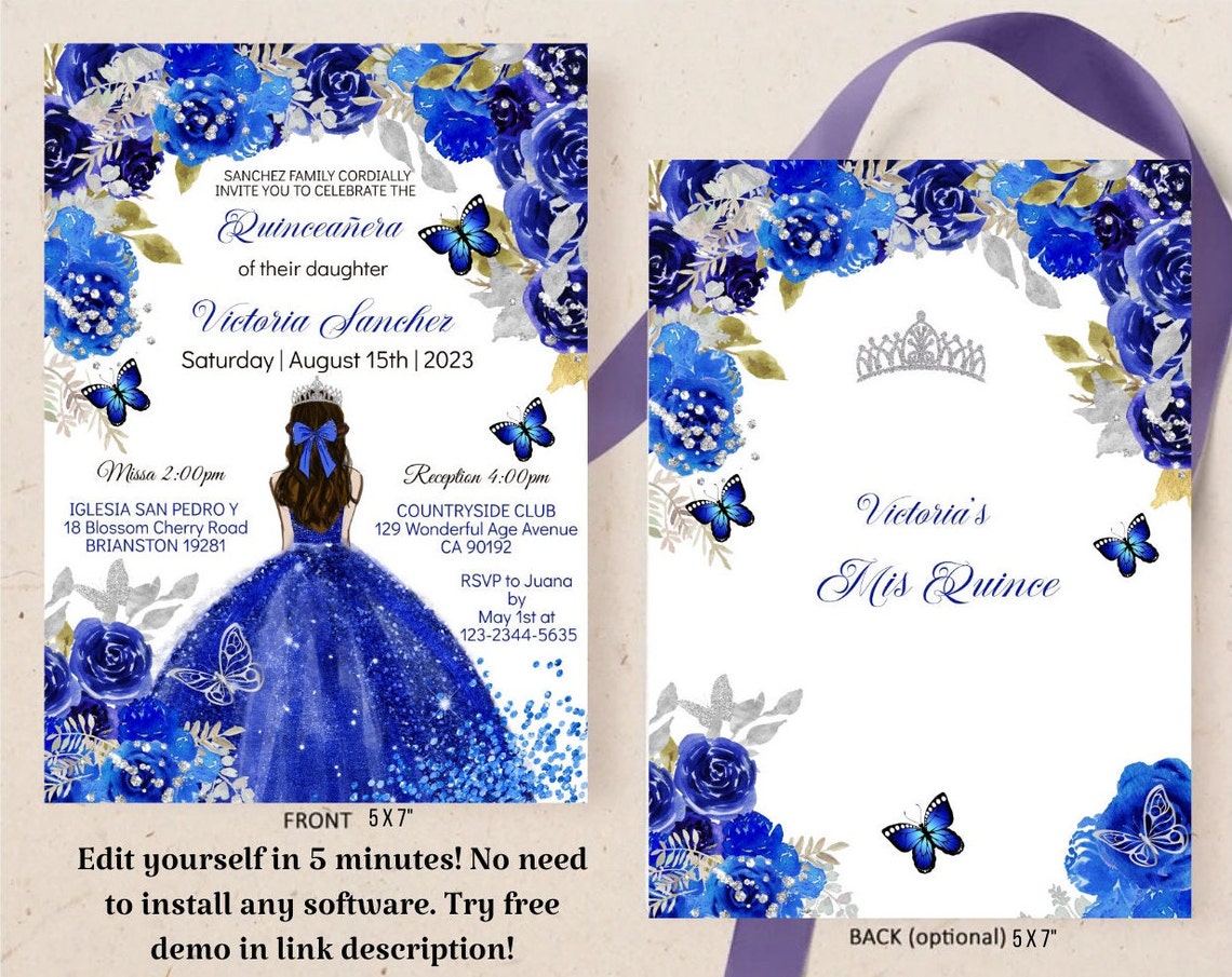 Royal Blue Roses Quinceañera Invitation Editable Template Butterfly ...