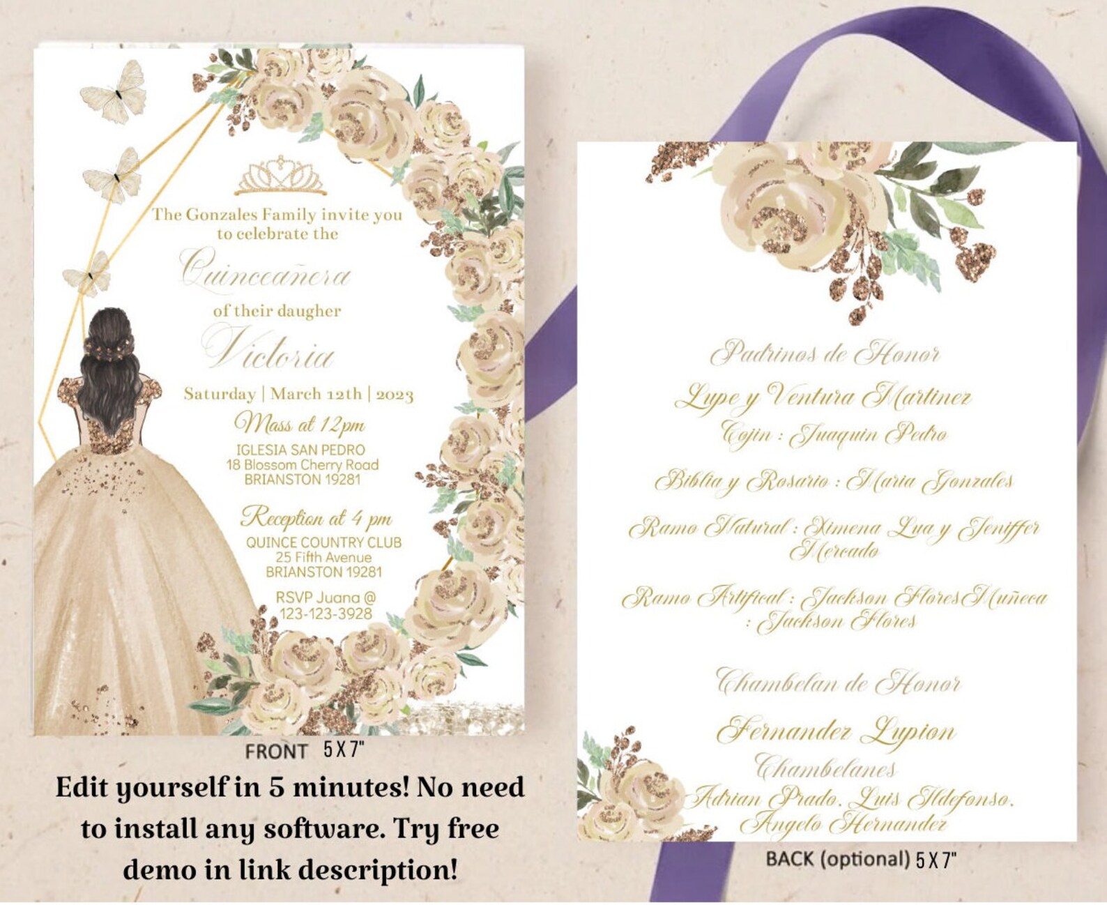 DIY Quinceañera Invitation Champagne Beige Princess Floral - Etsy