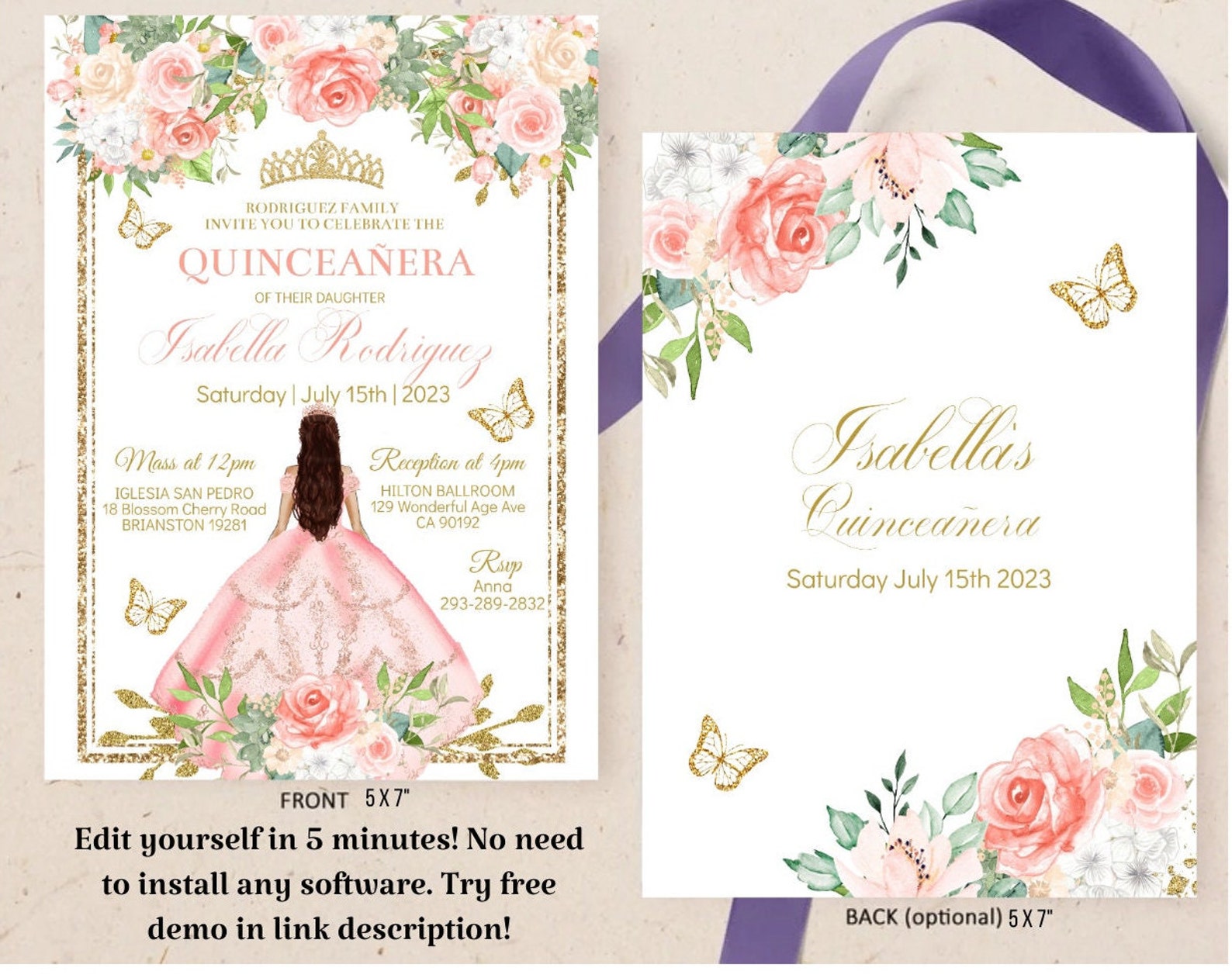 Editable DIY Quinceañera Invitation, Blush Floral Card, Digital ...