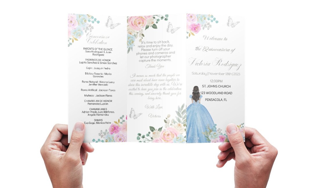 Editable Tri-fold Program Template Quinceañera Invitation Blush Pink ...