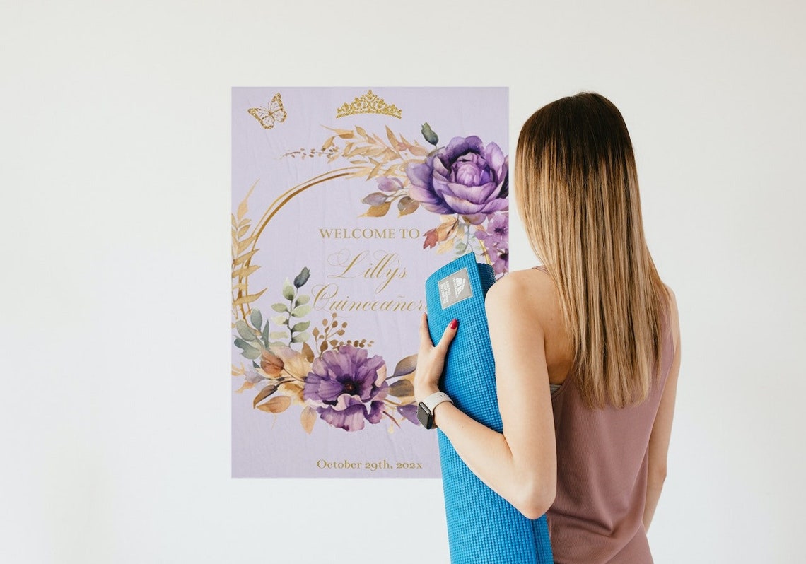 Quinceañera Welcome Sign, Purple Mauve Gold Floral, Tiara, Butterfly ...