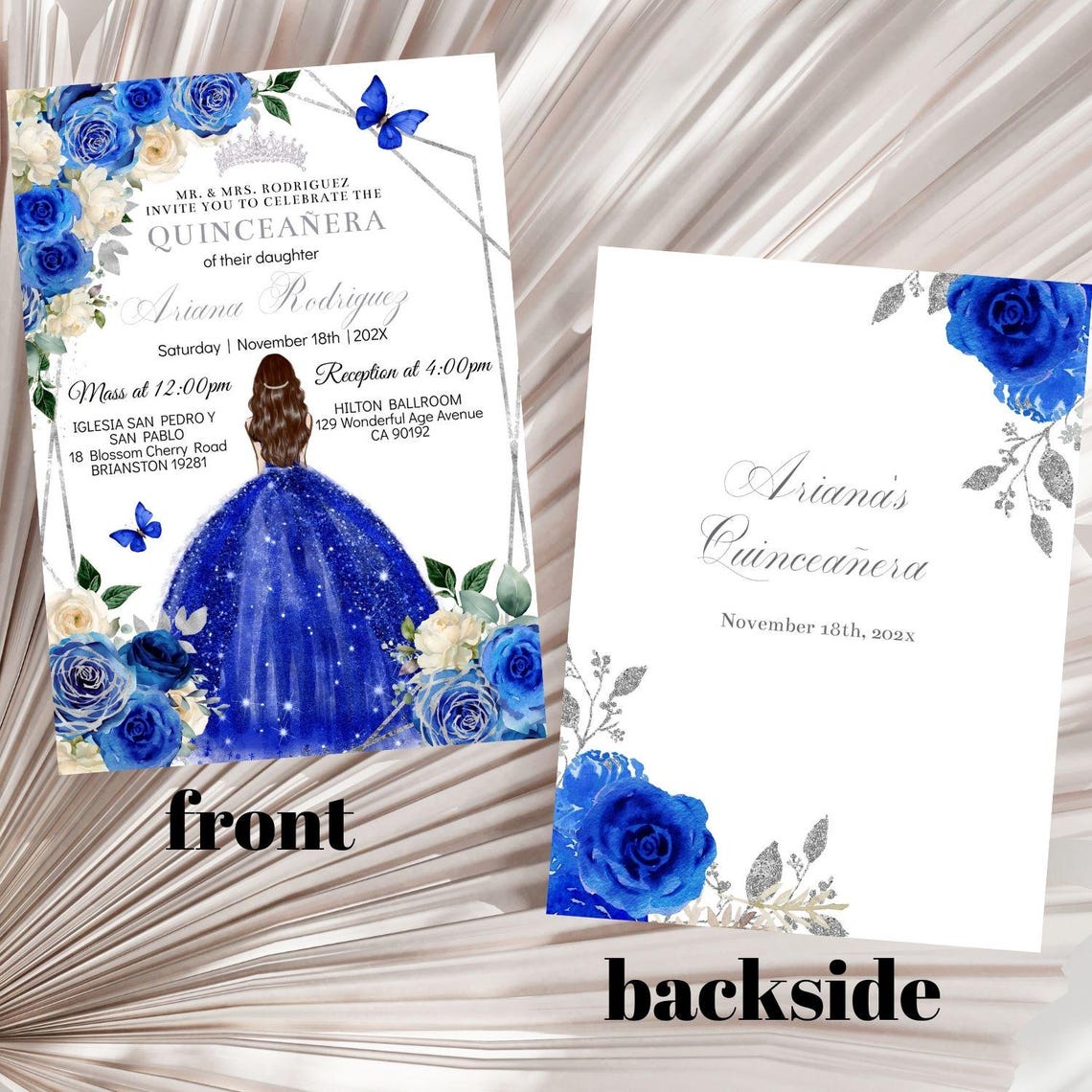 Royal Blue Silver Quinceañera Invitation, Bundle Mis XV Floral Invite ...