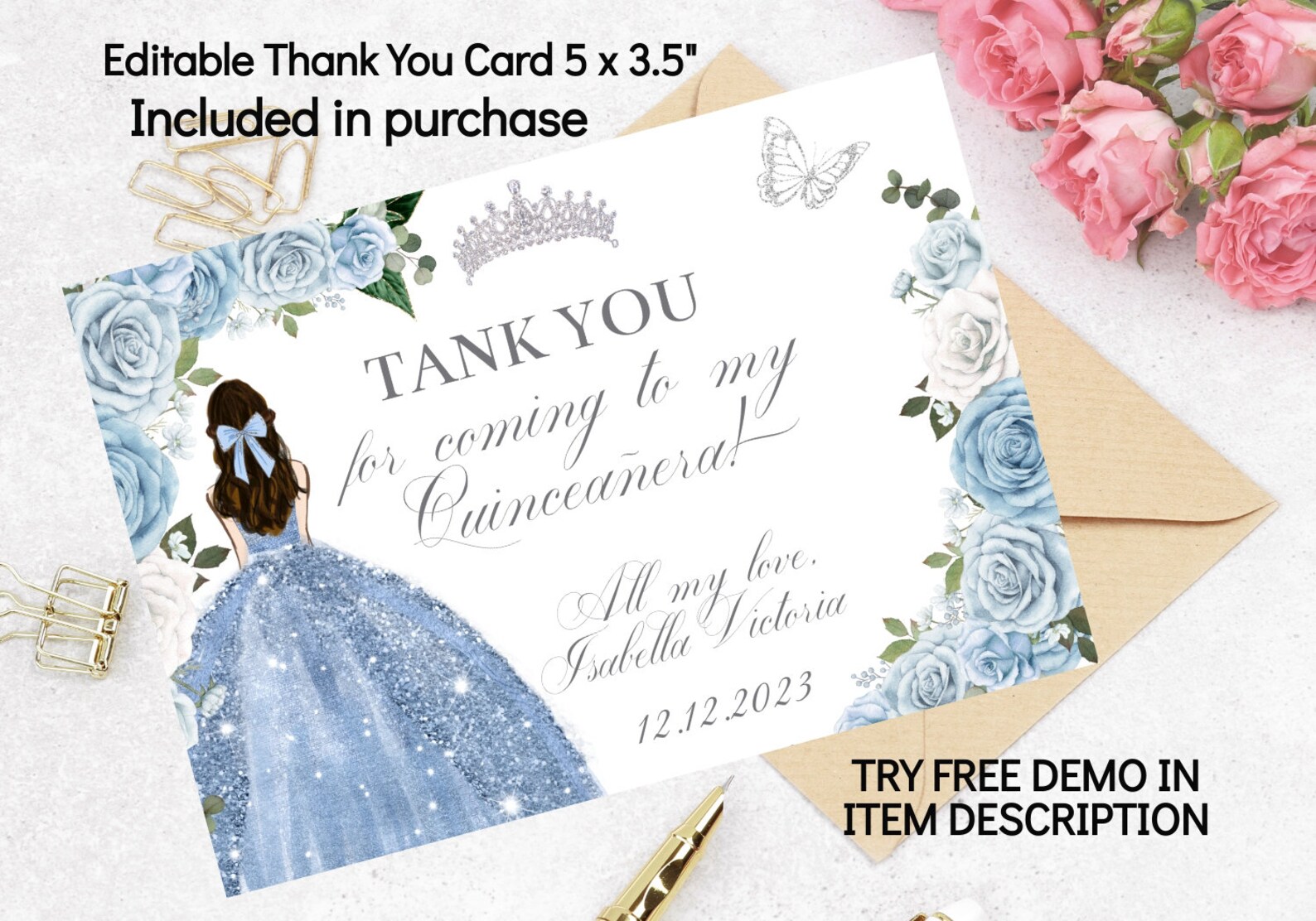 Editable Quinceañera Invitation Dusty Blue Silver Floral, Sweet 16 ...