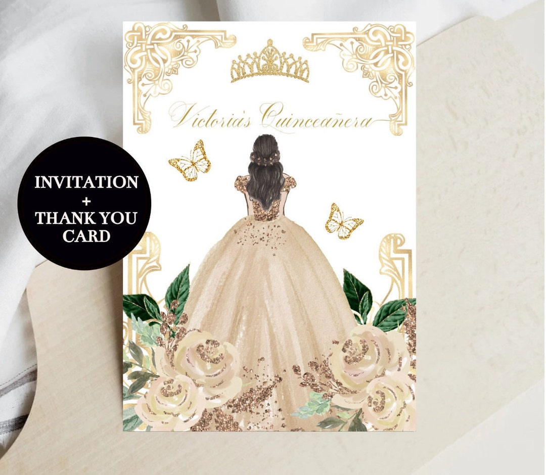 Quinceañera Invitation Champagne Beige Gold Princess, Butterfly, DIY ...