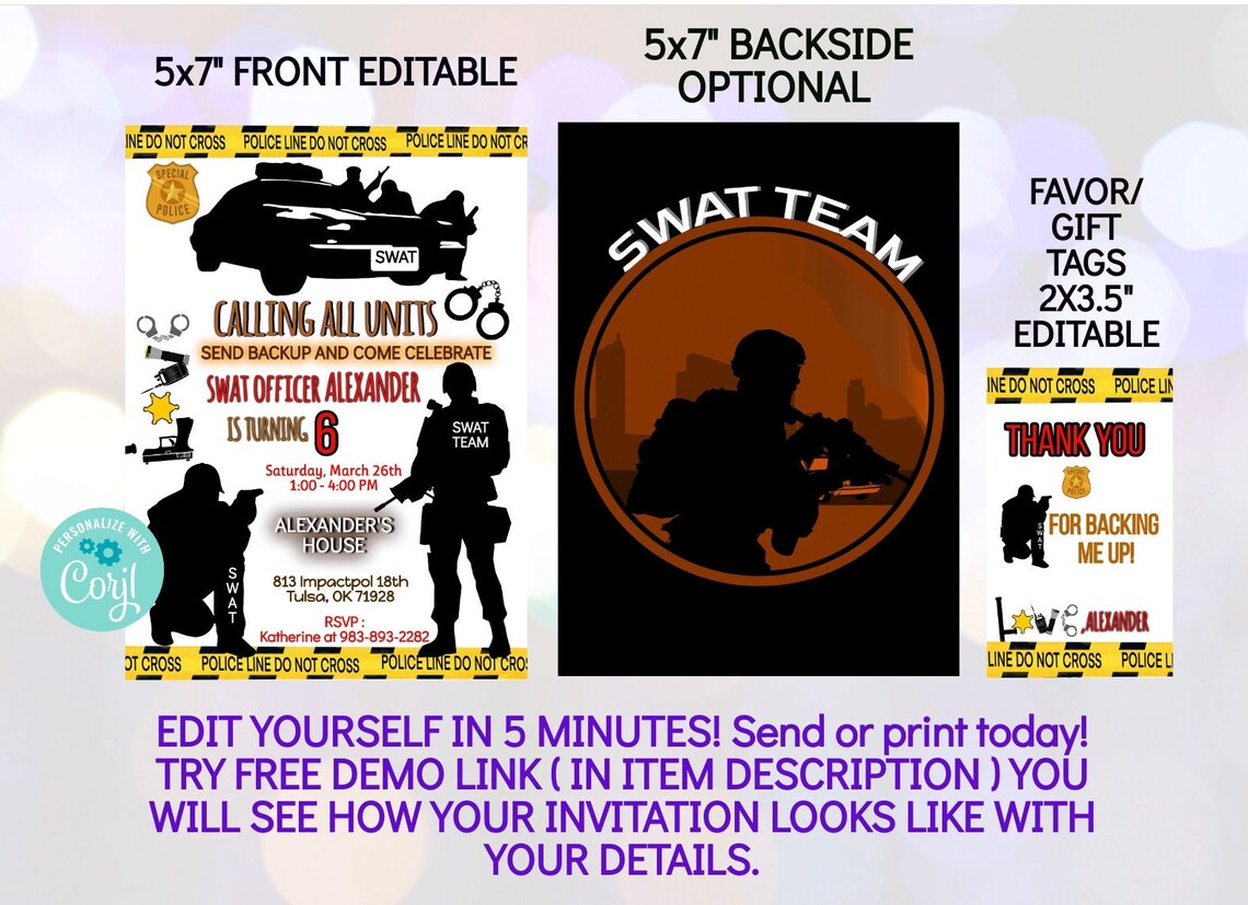 Police SWAT Birthday Invitation Boy Editable Template Party - Etsy