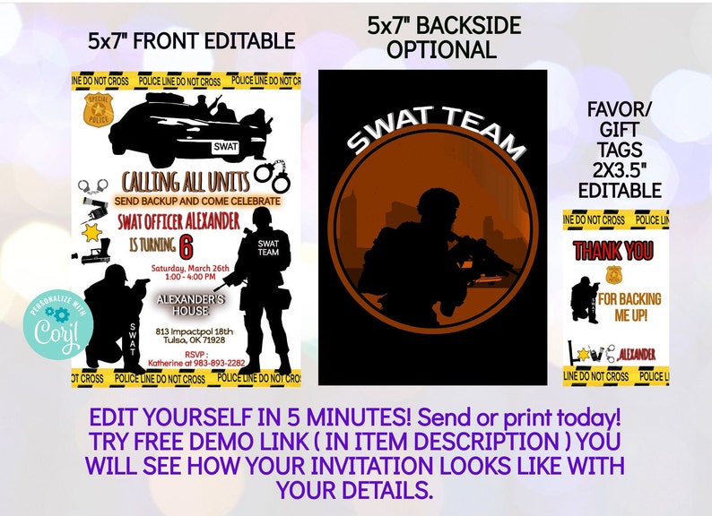 Police SWAT Birthday Invitation Boy Editable Template Party - Etsy