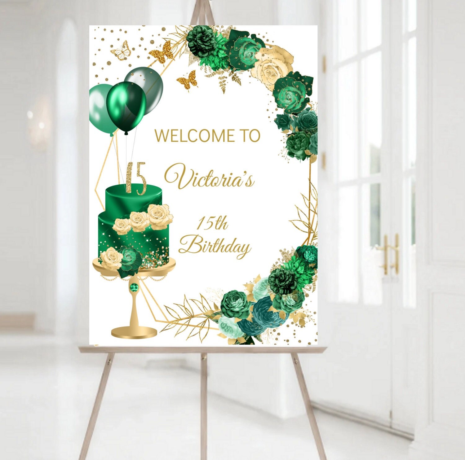 Any Age Editable Welcome Sign, Emerald Green Gold Welcome Guest Poster ...