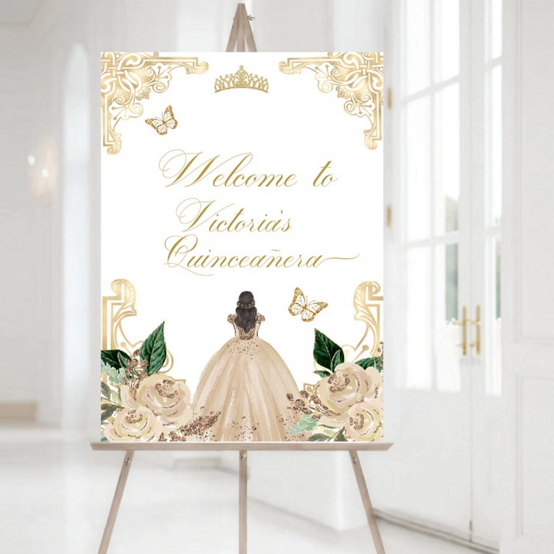 Quinceañera Welcome Sign, DIY Editable Template, Beige Champagne Gold ...