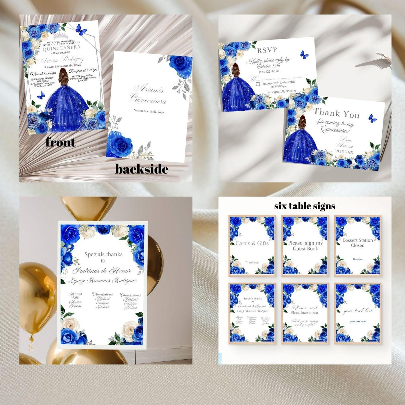 Royal Blue Silver Quinceañera Invitation, Bundle Mis XV Floral Invite ...