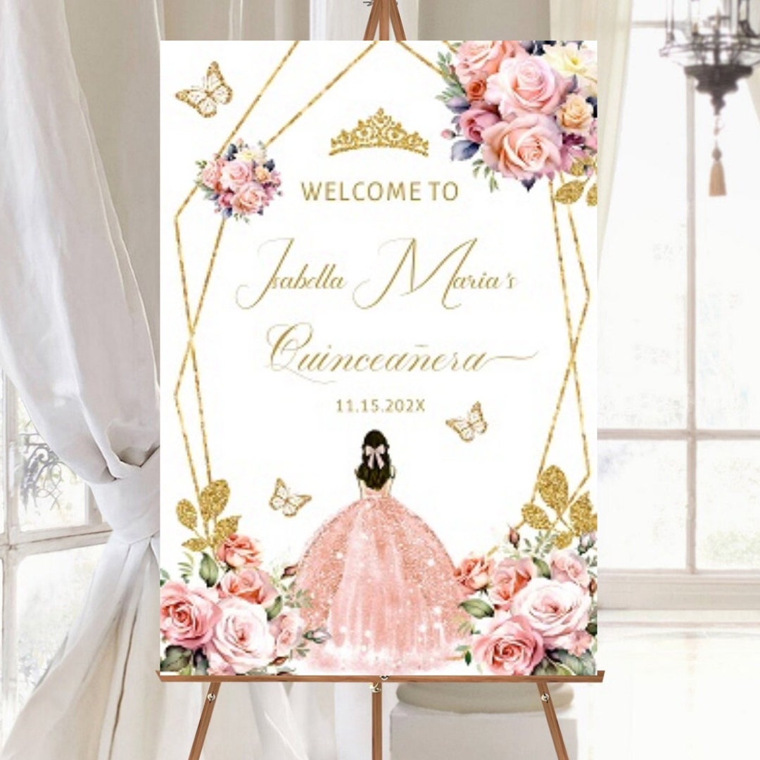 Quinceañera Welcome Sign, Princess Blush Pink Gold Floral, Tiara ...