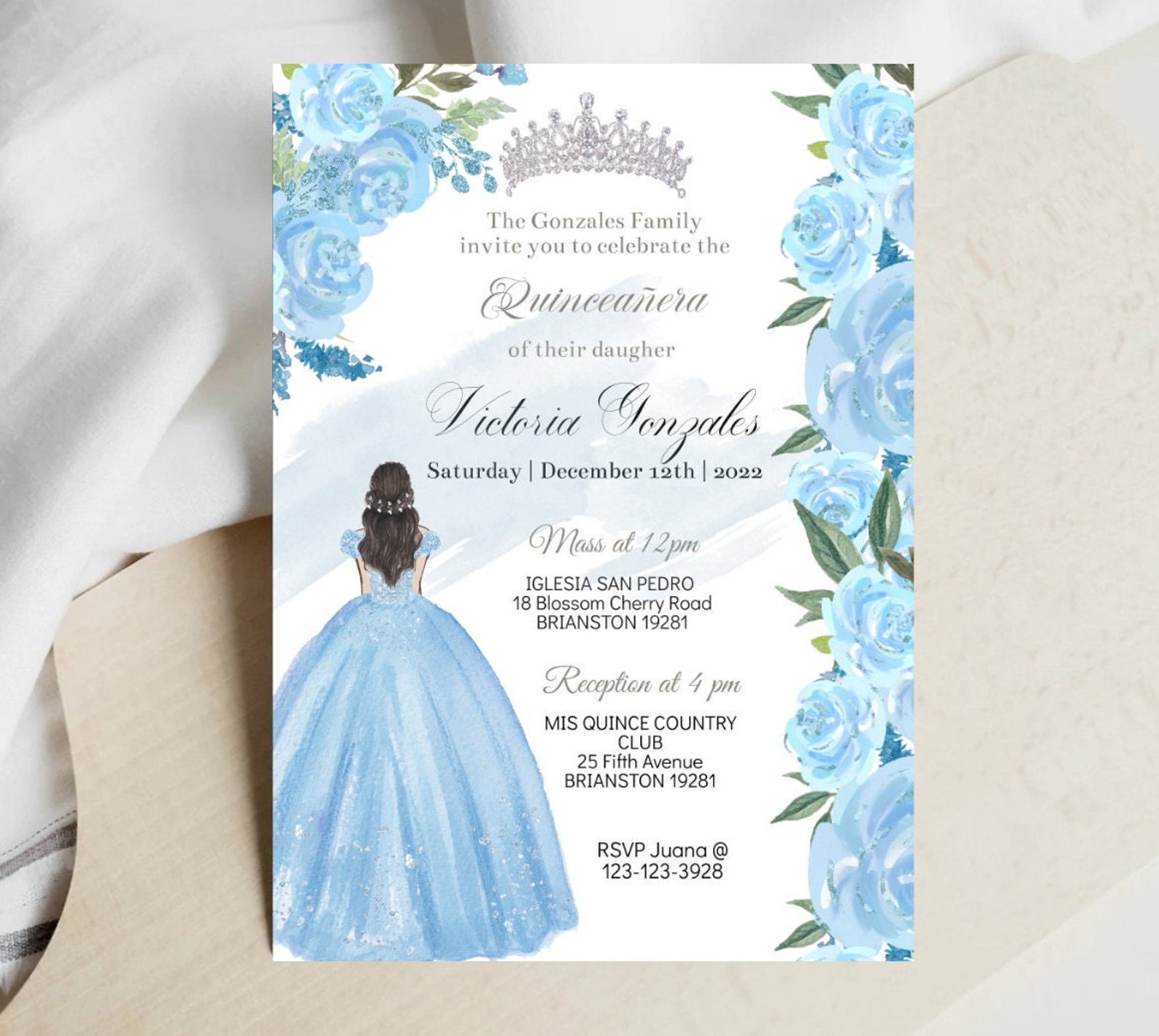 Light Blue Floral Quinceañera Editable Invitation, Princesstiara, Mis ...