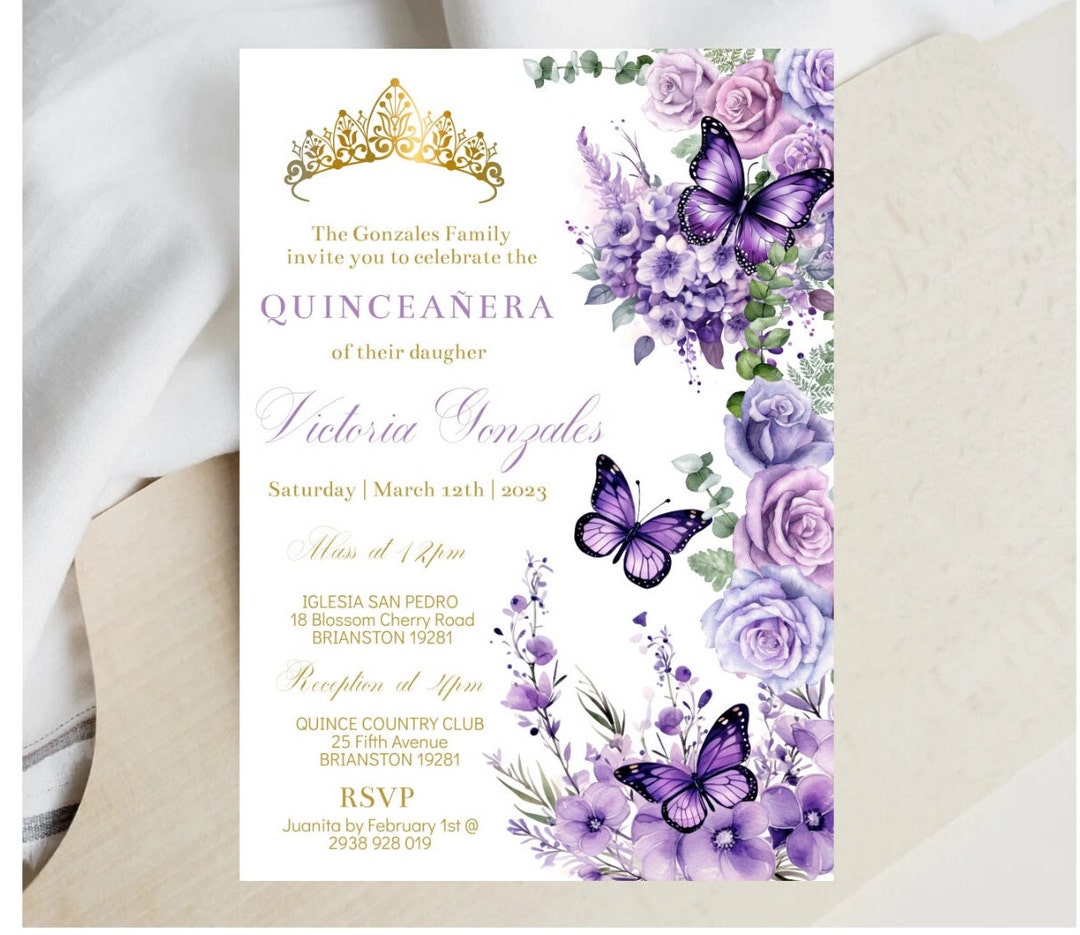 Quinceañera Invitation Editable Template, Purple Floral and Butterfly ...