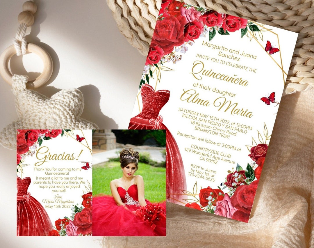 DIY Editable Quinceañera Invitation Butterfly Red Gold Roses - Etsy