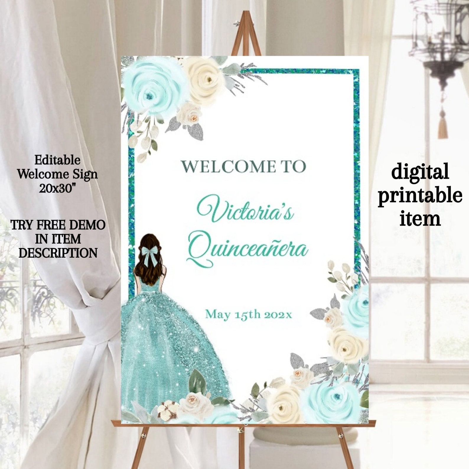 Quinceañera Welcome Sign, Baby Blue Tale Floral, Digital Poster ...