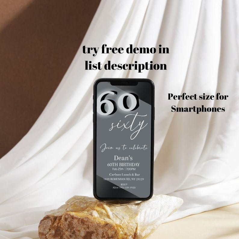 60th Birthday Invitation Male, Electronic Evite, Digital Editable ...