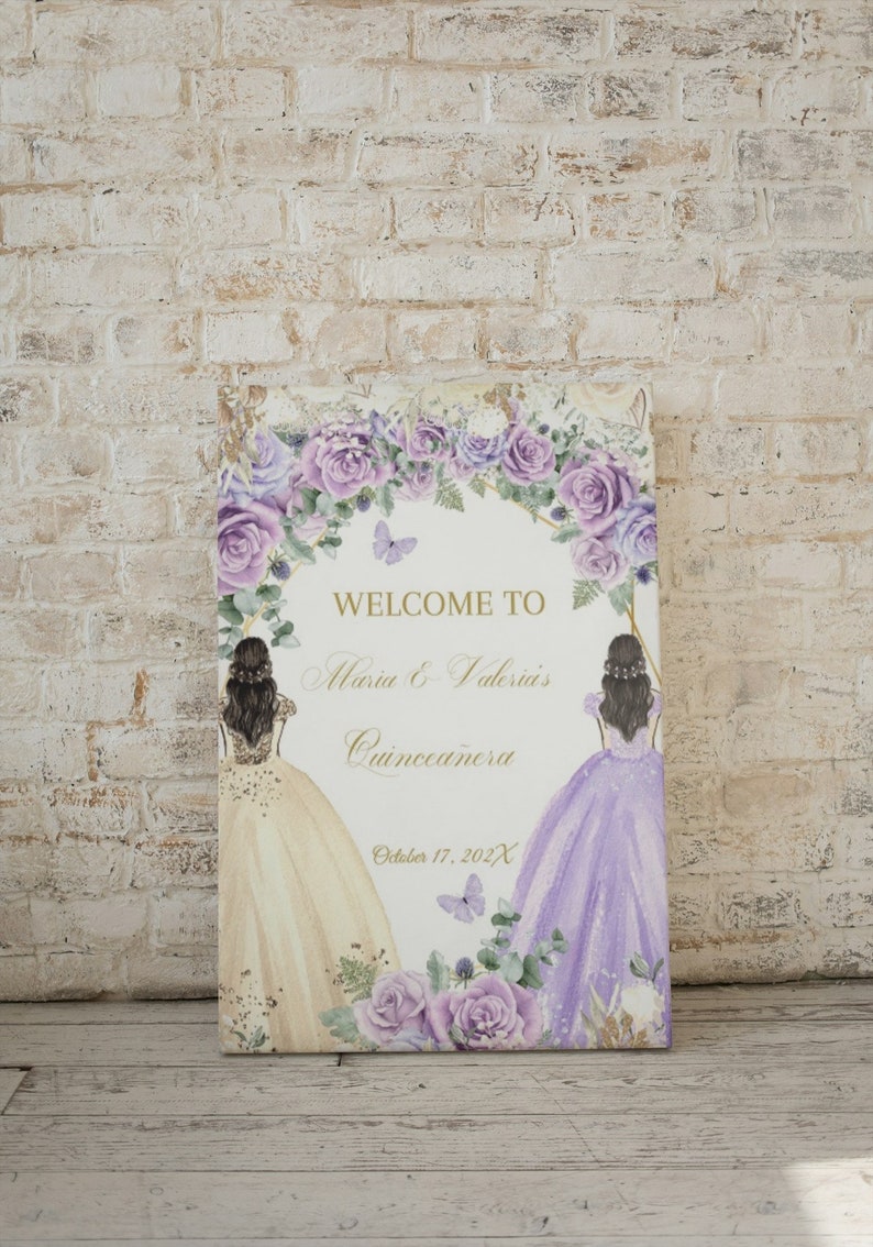 Quinceañera Twins Welcome Sign, Champagne Purple Floral, Mis XV Quince ...