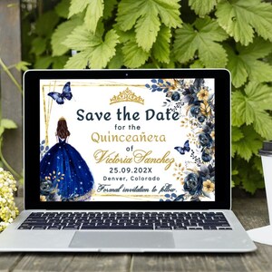 Editable Save the Date Quinceañera, Navy Blue Gold Floral, Sweet 16 ...