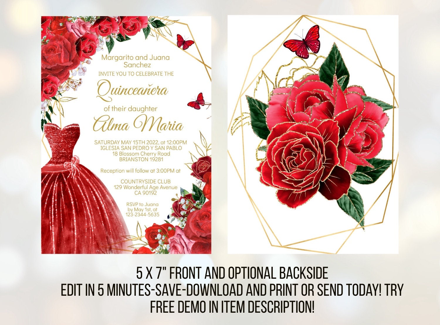 DIY Editable Quinceañera Invitation Butterfly Red Gold Roses - Etsy