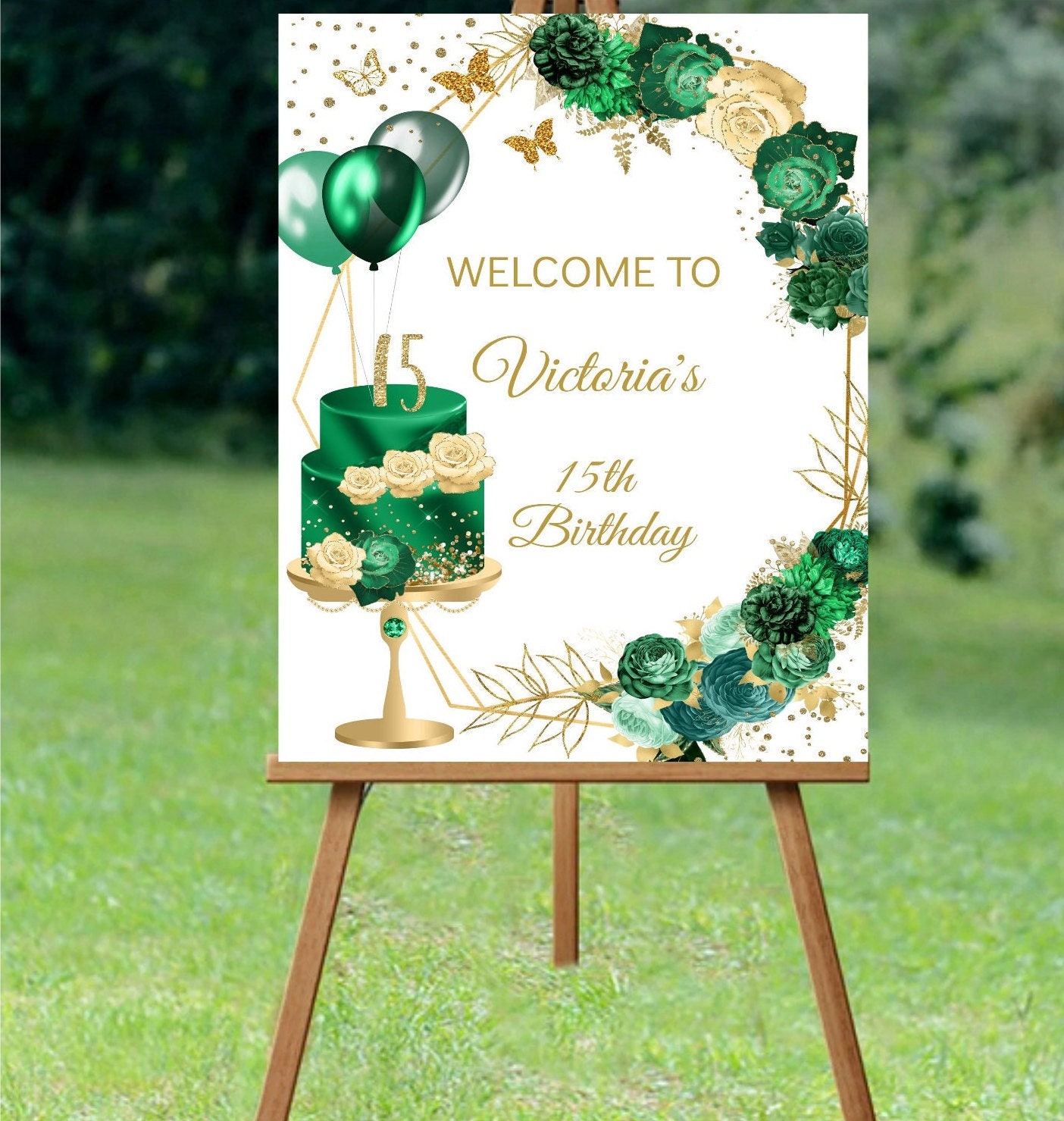 Any Age Editable Welcome Sign, Emerald Green Gold Welcome Guest Poster ...