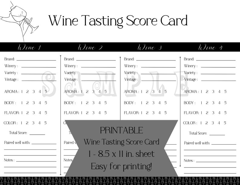 Wine Tasting Score Card BW - Etsy
